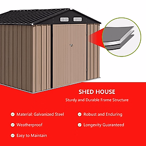 JoanKaren Outdoor Storage Shed House 8x10 FT, Heavy Duty Steel Metal Sheds with Doors for Patio Garden Backyard, Large Cabinet to Store Bikes, Tools and Lawnmowers, Ventilated & Waterproof (Brown)