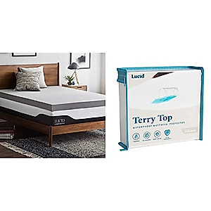 Lucid 4 Inch Bamboo Charcoal Memory Foam Mattress Topper - Queen & Premium Hypoallergenic 100% Waterproof Mattress Protector - Universal Fit, Cotton Terry Top, Queen