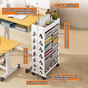 Utility Cart Organizer Mobile Bookshelf Cart Rolling 6 Tier Movable Bookshelf Cart Desk Side Cart for Office Dorm Classroom,White
