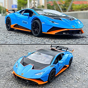 1:24 Alloy Diecast Car Model for Lamborghini Huracan STO 2021 Toy Car, Pull Back Vehicles Model Cars Toy for Kids 3 to 12 Years Old Gift Adult Collection Car Model with Light & Sound (Vibrant Blue)