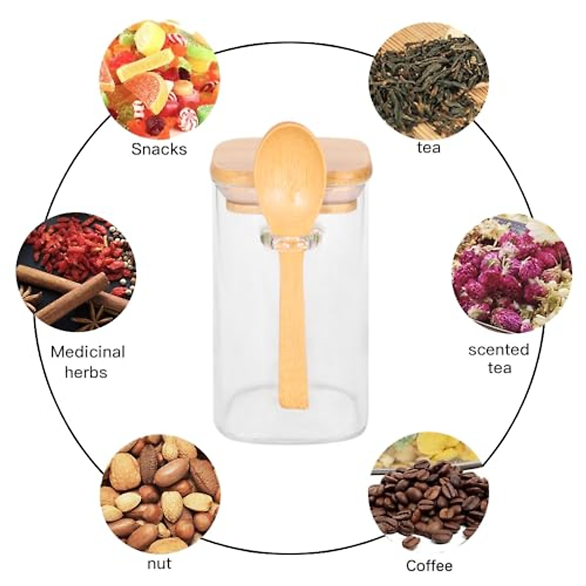 SAIOOL Glass Jars Set of 3 * 15 OZ-Food Storage Containers Clear Kitchen Canister with Bamboo Spoon Airtight For Serving Candy,Coffee Tea, Flour, Sugar, Cookie, Cereal(Square