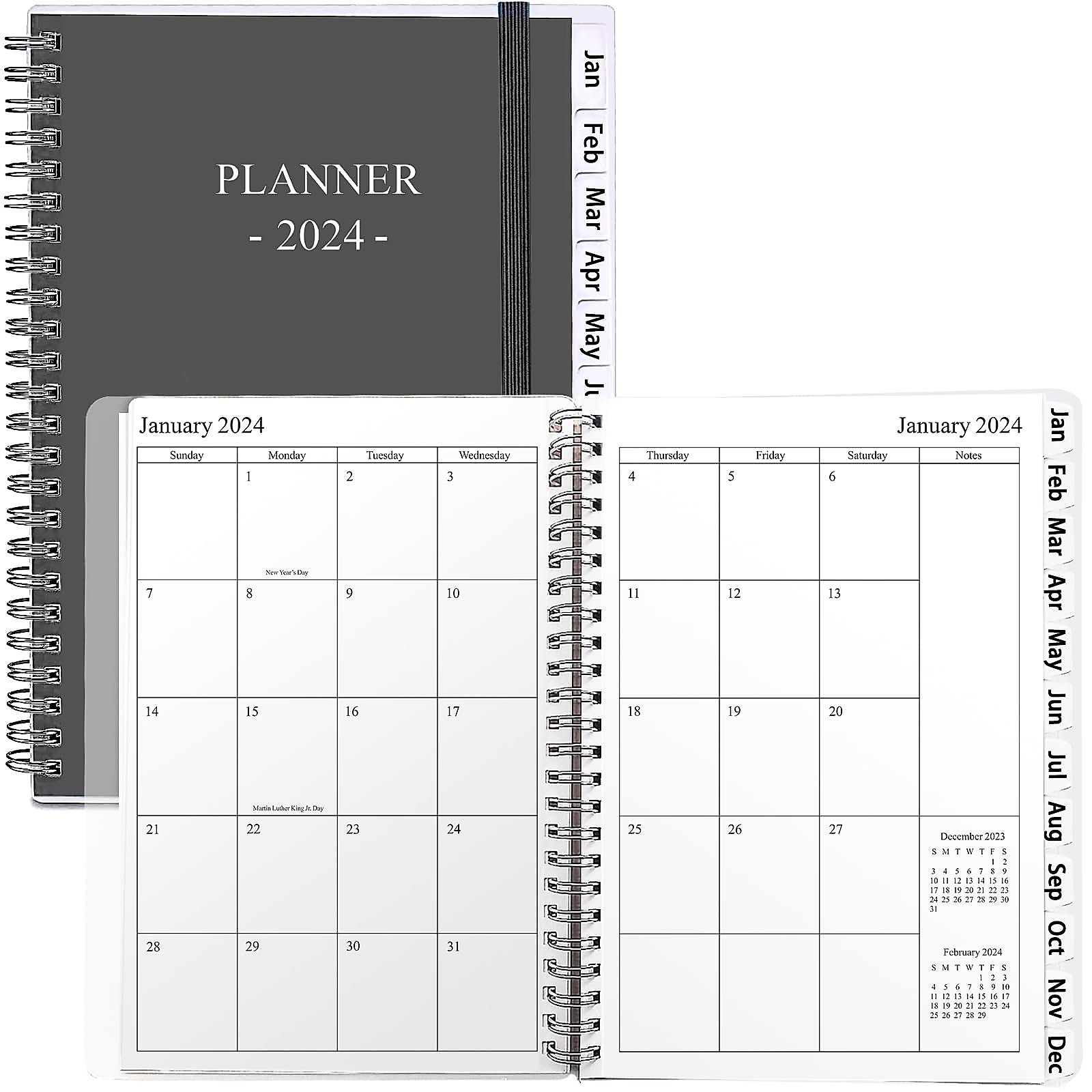 Veiai 2024 Planner,January - December, Wirebound,Weekly and Monthly with Monthly Tabs Planner, Frosted Cover,6.5"x8.5", Twin-Wire Binding Calendar Notebook (Black)