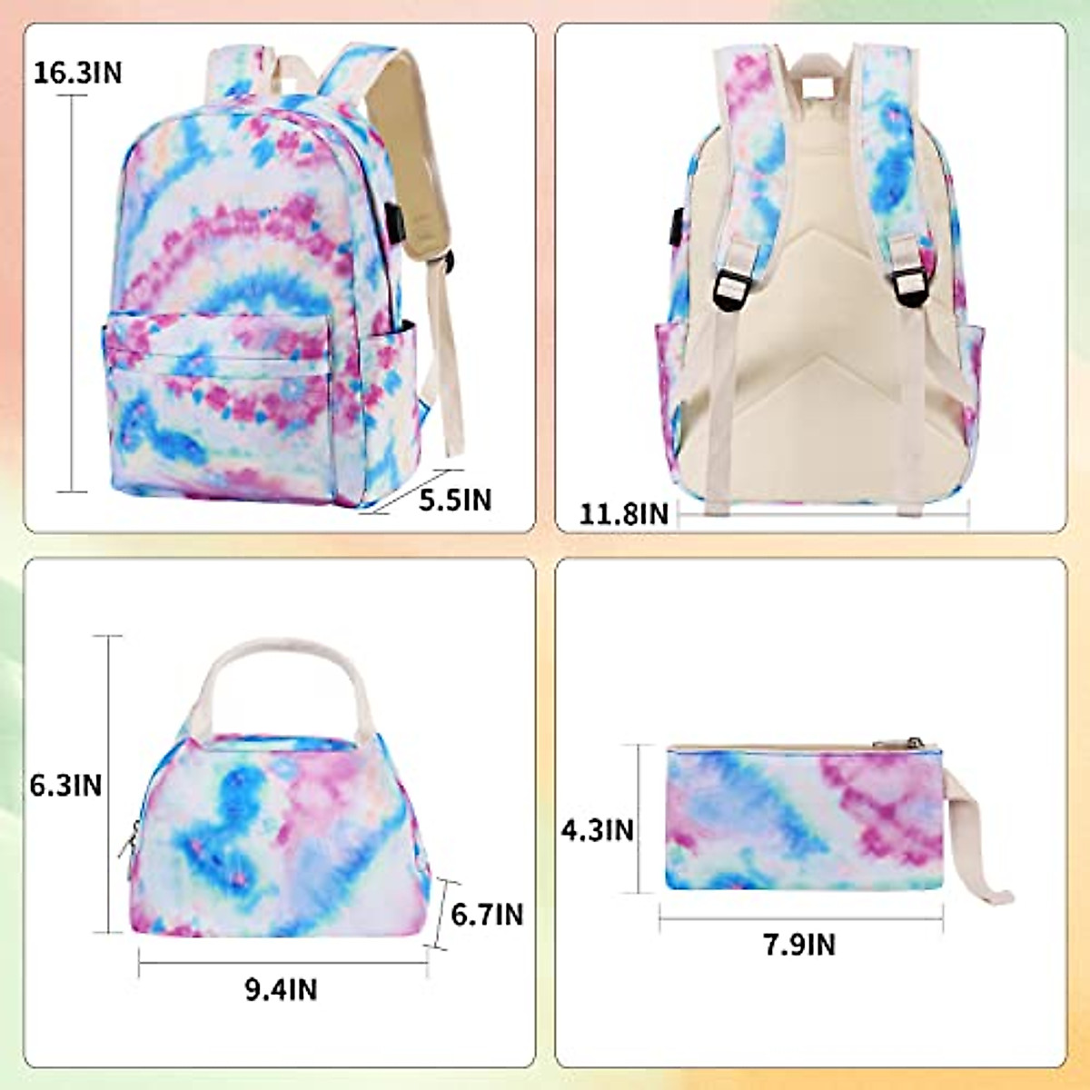Woosir Girls Backpack for School Backpacks Tie Dye Kids Bookbags School Bags with USB Charger Port Back to School Backpack Gift School Supplies for Kids Teen Girls Elementary with Lunch Box