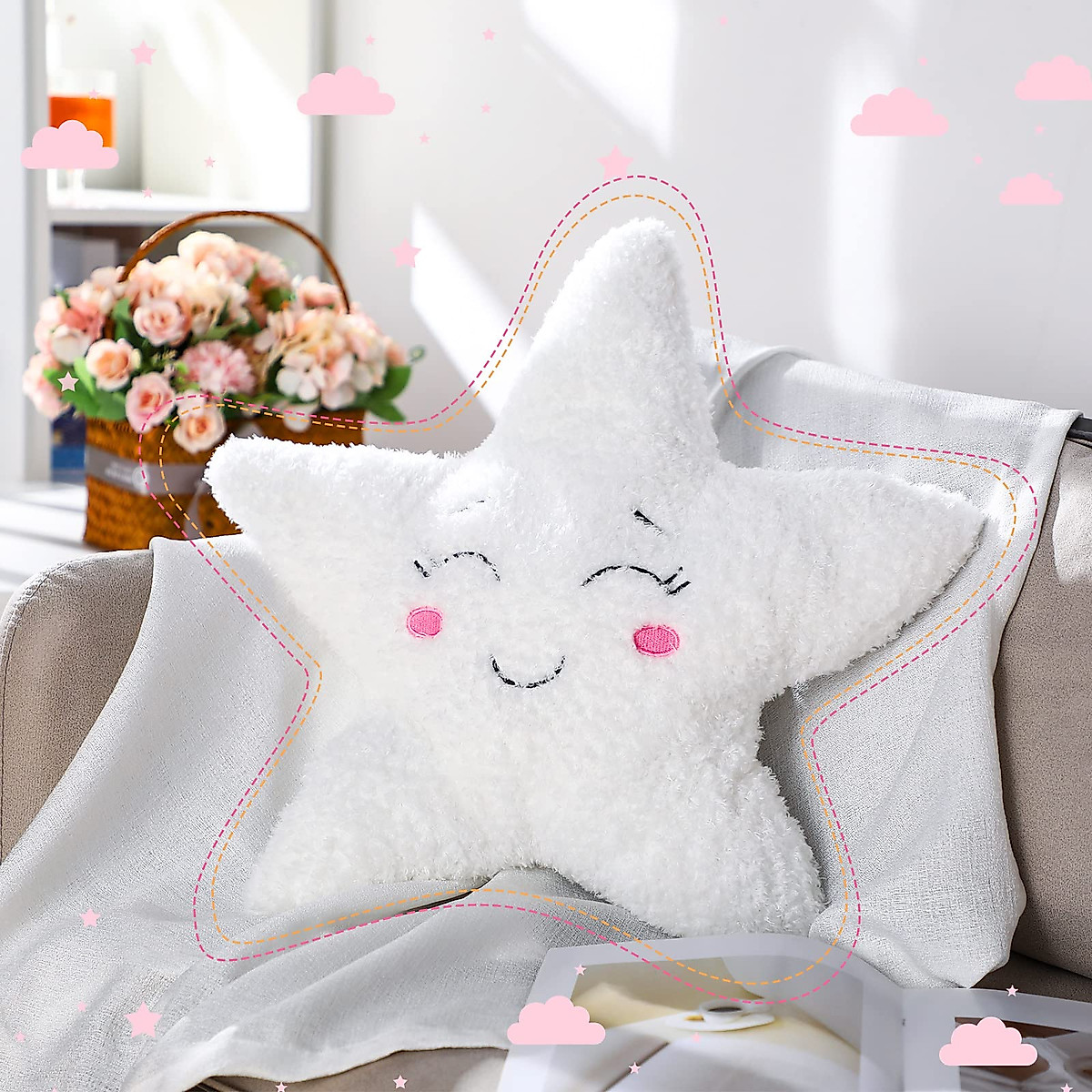 Queekay Cloud Rainbow Sun Moon Star Shaped Pillow 3 Pcs Nursery Stuffed Throw Pillows Kids Cute Cushion Children Soft Plush Pillow for Baby Room Reading Nook Decorations Gift(Moon, Star, Cloud)