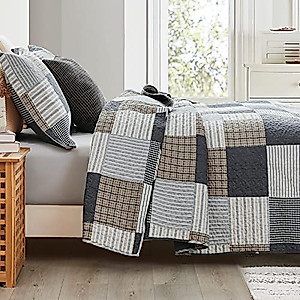 KALOOLA Quilts Queen Size, 100% Cotton Queen Quilt Bedding Set, Farmhouse Plaid Quilt Queen Size, Grey White Black Queen Quilt for All Seasons, 3 Pieces