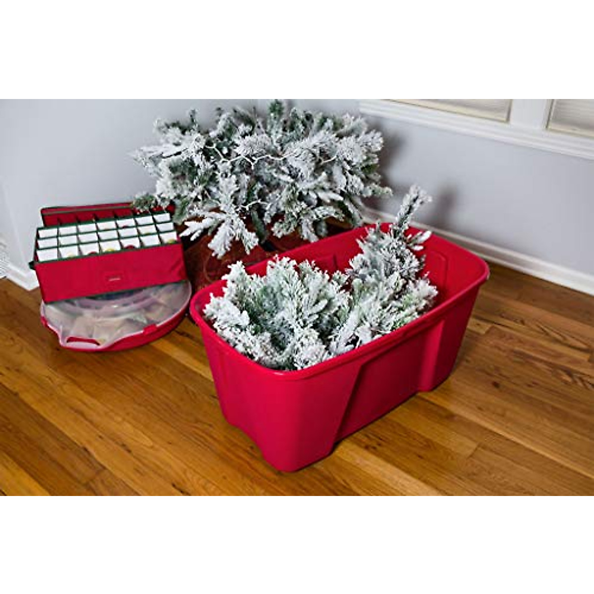 HOMZ Set of 3 Holiday Wreath Plastic Storage Containers, Holds Up to 24” Diameter, Secure Latching Lid and Easy Grip Handle, Stackable and Nestable, Red/Clear