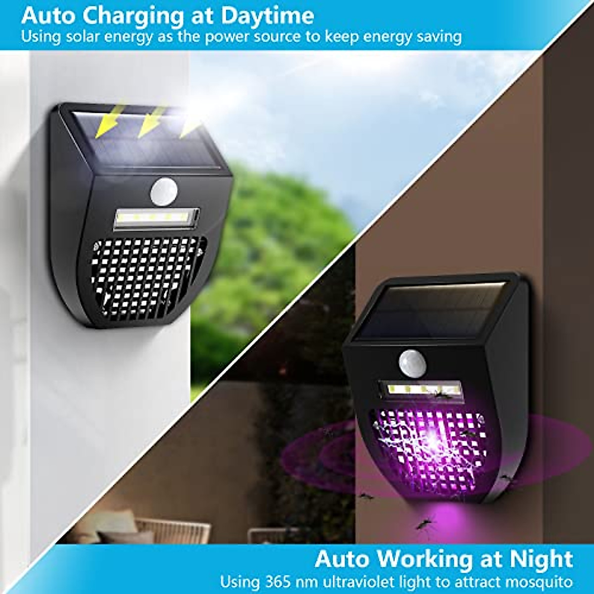 Bug Zapper Outdoor 2 Pack, RECHOO Upgraded 2-in-1 Solar Bug Zapper Mosquito Zapper Killer, Motion Sensor Outdoor Lights with 3 UV Lights, Waterproof Solar Powered Fly Zapper Killer Trap for Outdoor