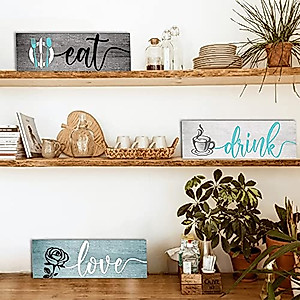 Creoate Teal Kitchen Wall Decor Art, Set of 3- Eat Drink and Love Wood Plaque, Dinning Room Wall Art Rustic Farmhouse Decor, Turquoise, Gift for Home