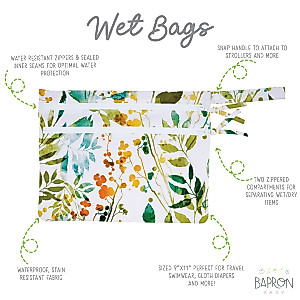 BapronBaby Autumn Leaves Wet Dry Bag - Waterproof Two Zipper Pockets - Reusable for Mealtime, Diapers, Stroller, Snacks, Swimsuits - Machine Washable - 11" x 9"