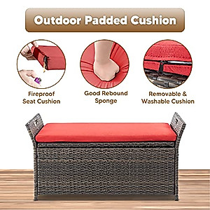 TMEE Patio Storage Bench,Outdoor Wicker Deck Box,PE Rattan Patio Furniture with All-Weather Cushion