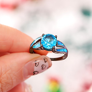 UFOORO Black Rhodium Plated Blue Opal infinity Ring Sky Blue Cubic Zircon Engagement Rings For women Size 6