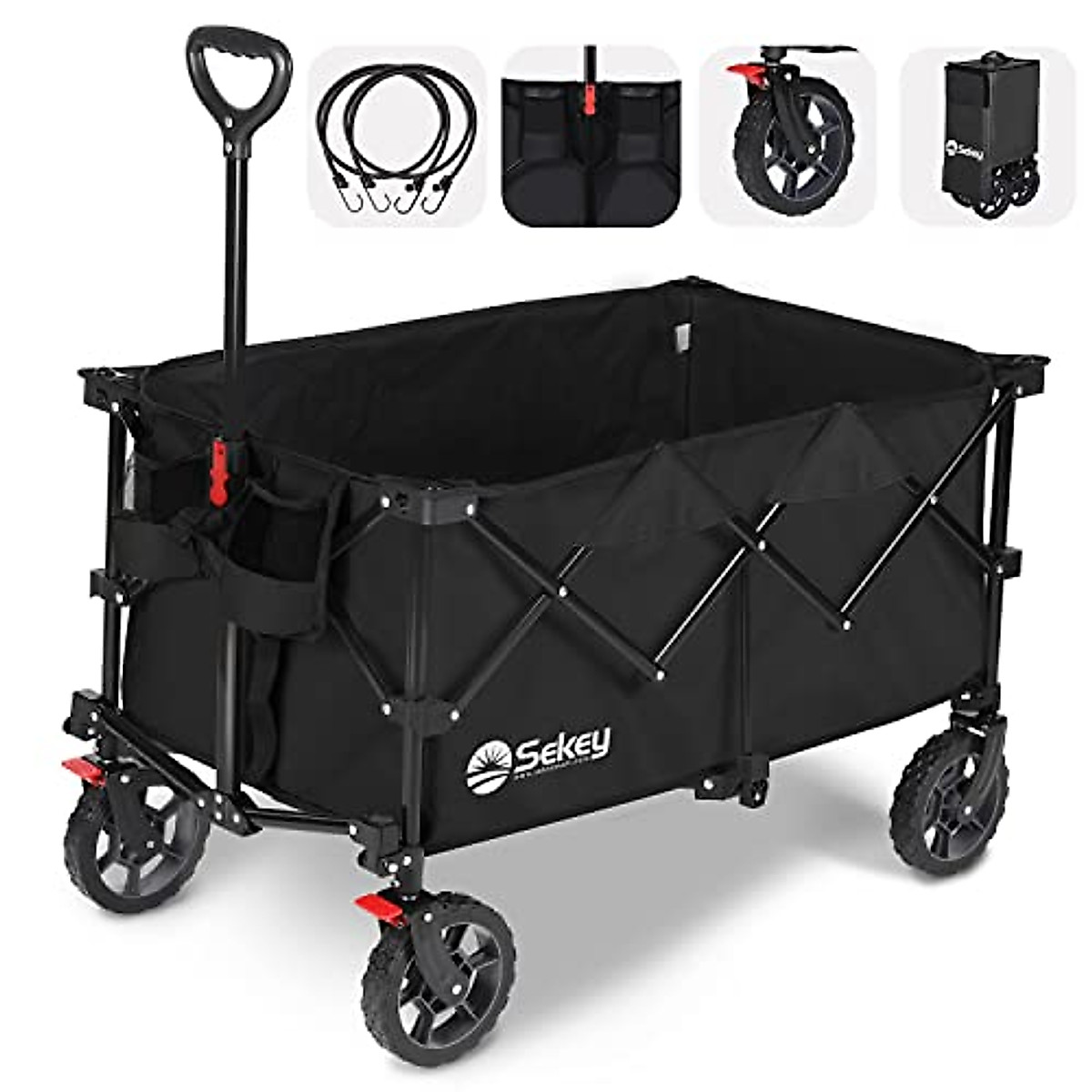 Sekey Collapsible Foldable Wagon with 220lbs Weight Capacity, Heavy Duty Folding Utility Garden Cart with Big All-Terrain Beach Wheels & Drink Holders. Black