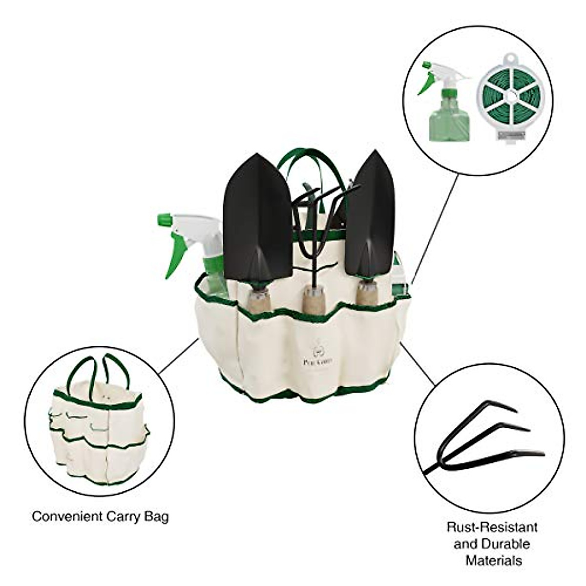 Garden Hand Tool Set with Canvas Tote, Ultimate Gardening Tools Kit, Branch Pruner & Snip, Shovel, Rake, Trowel, Soft Wire Tie and Water Bottle in a Durable Canvas Tote