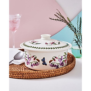 Portmeirion Botanic Garden Covered Casserole | 3 Pint Casserole Dish with Sweet Pea Motif | Made from Porcelain | Oven, Dishwasher, and Microwave Safe