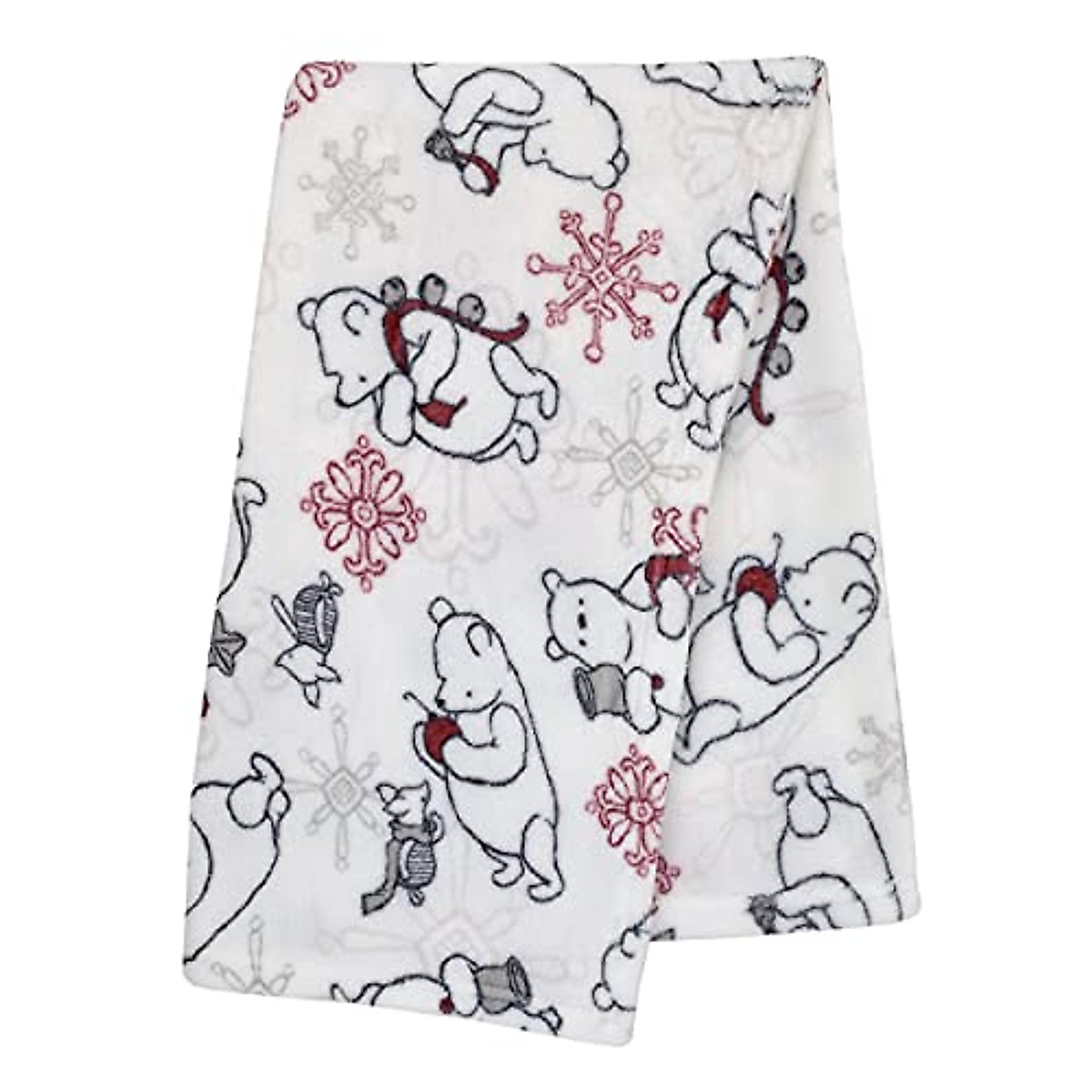 Disney Classic Winnie The Pooh White, Red, and Green Holiday Christmas Piglet, Snowflakes and Bells Super Soft Baby Blanket