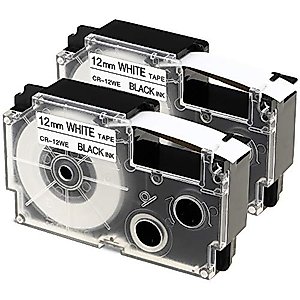 Aonomi Compatible Label Tape Replacement for Casio XR-12WE 1/2 Inch for Use with Casio KL-120 KL-60 KL7200 KL-100 KL7000 KL-750B Label Makers and More, Black on White, 1/2 (12mm) x 26.2 (8m), 2-Pack