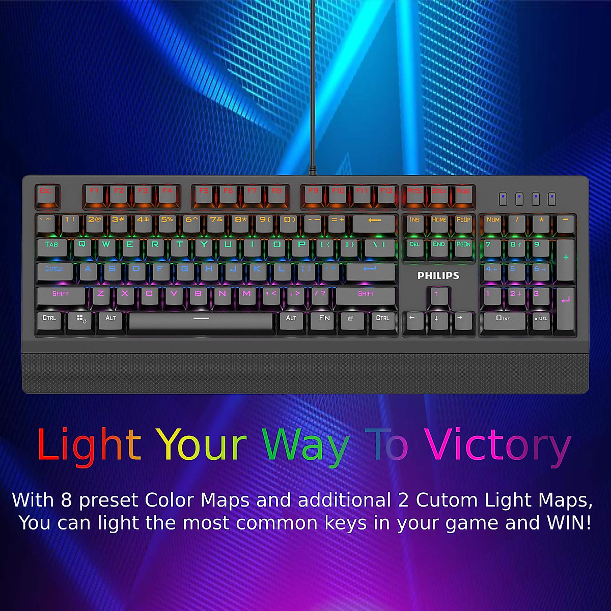 Philips Mechanical Gaming Keyboard- RGB LED Backlit Wired Keyboard with Blue Switches for Gaming, PC- Full Key N-Rollover- Anti Ghosting