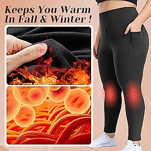 HLTPRO 3 Pack Plus Size Fleece Lined Leggings with Pockets for Women - Black Thermal Warm High Waisted Yoga Pants for Workout