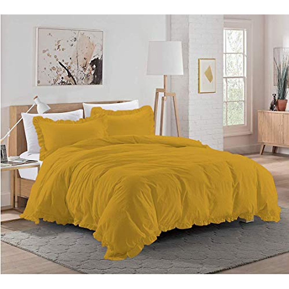 Duvet Cover Set-1 Frilled Duvet Cover with Ruffle Edge Corners and 2 Pillowcases-Mustard Yellow,California King 100% Cotton 800 Thread Count-3 PCs Comforter/Duvet Protective Cover Set-Duvet Set