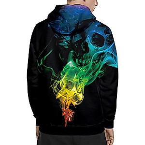 RAISEVERN Mens Skeleton Hoodie Halloween Long Sleeve Fleece Skull Graphic Hoodie Funny Hooded Sweatshirt Women Cool Novelty 3D Printed Colorful Smoke Unisex Drawstring Pullover Hoodies with Pockets