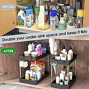 Tailide Under Sink Organizers and Storage (2 Pack), 2 Tier Bathroom Organizer Under Sink, Black Under Kitchen Sink Organizers and Storage, Cleaning Supplies Organizer, Counter Under Cabinet Storage