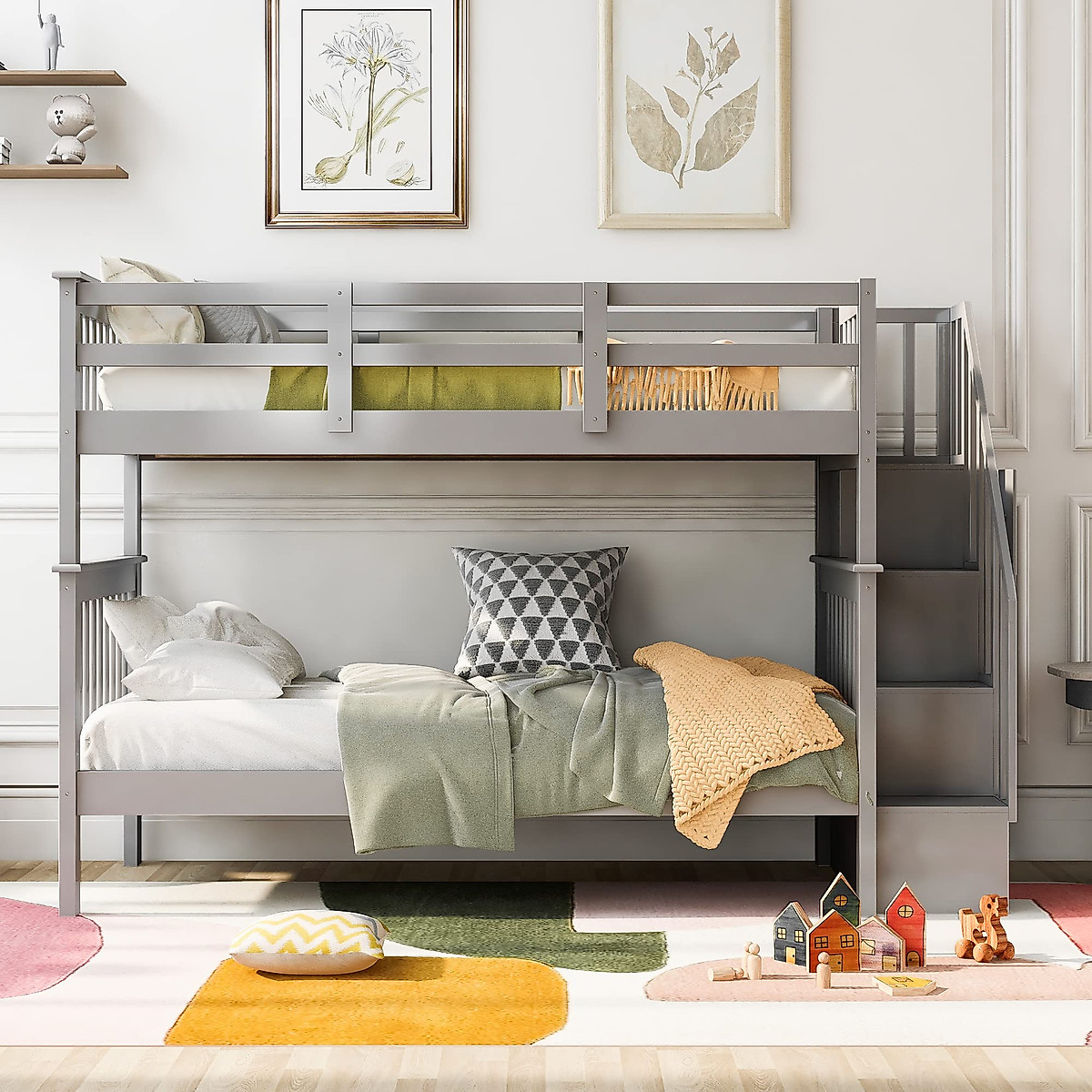 Harper & Bright Designs Twin Bunk Beds, Twin Over Twin Bunk Bed with Stairs and Storage, Low Bunk Beds Twin Over Twin for Kids Girls Boys, Grey