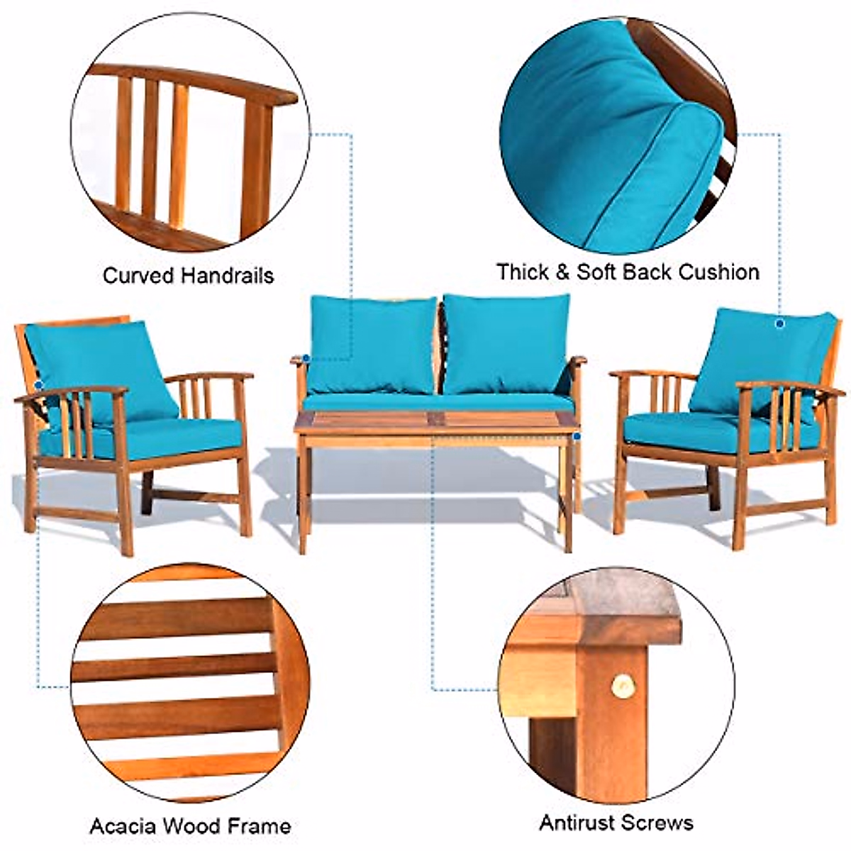 Tangkula 8 PCS Acacia Wood Patio Furniture Set, Outdoor Seating Chat Set w/Gray Cushions Back Pillow, Outdoor Conversation Set w/Coffee Table for Garden, Backyard, Poolside