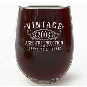 Vintage 2002 Etched 17oz Stemless Wine Glass – Happy 21st Birthday Gifts for Women, Decorations for Her Him, Turning 21 Year Old Male Female Decor, 21 Bday Party Favors, Finally 21 Best Gift Ideas 1.0