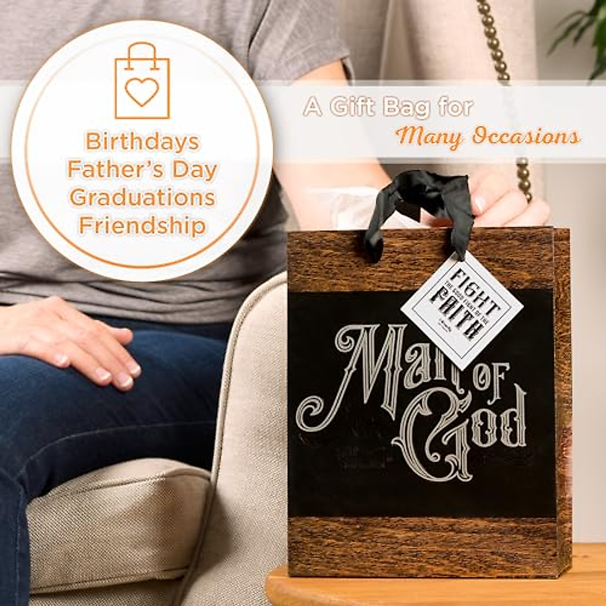 Christian Art Gifts Medium Portrait Scripture Gift Bag, Tag & Wrapping Tissue Paper Set for Men: Man of God, Matted, Satin Handles, Black/Brown/Silver