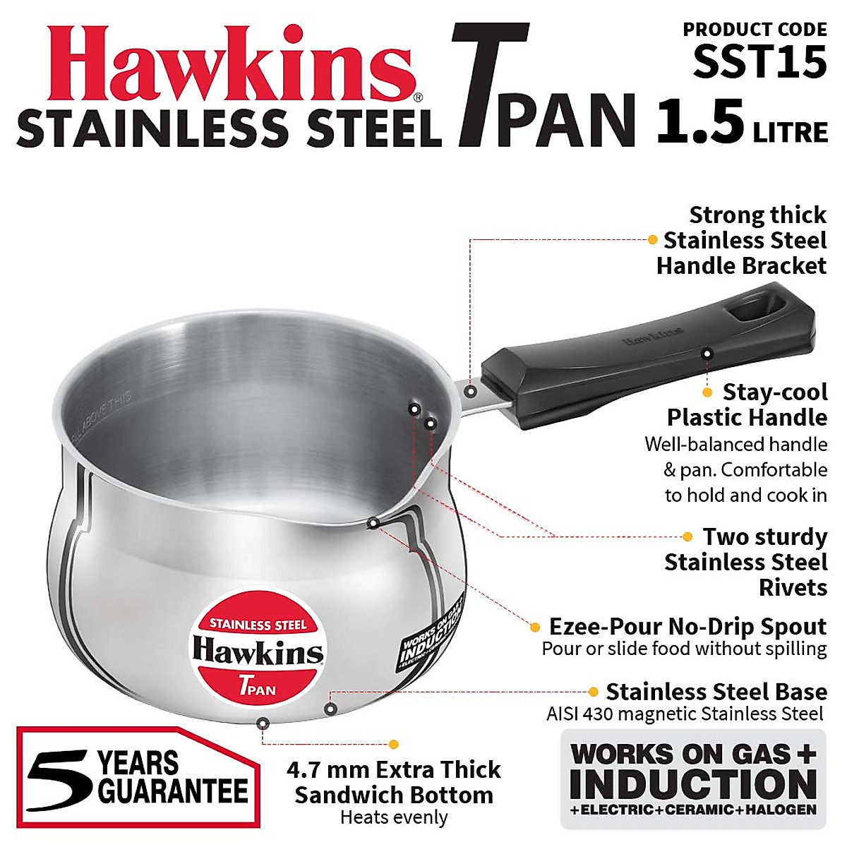 HAWKINS SST15 HAWKINS-SST15 Stainless Steel TPan, 1.5 litres, Silver, 1.5 litres