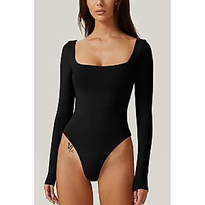 QINSEN Womens Sexy Square Neck Double Lined Seamless Fitted Long Sleeve Bodysuit Tops Black L