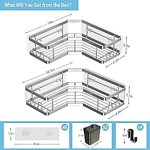 Corner Shower Caddy Bathroom Organizer: 2 Pack Adhesive Shower Shelf Decor- No Drilling Stainless Steel Shower Storage Rack with Hooks and Toothpaste Holder - Bathroom Accessories Shower Stuff