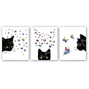 KAIRNE Black Cat With colorful Butterfly Art Print,Set Of 3(8”X10”) Watercolor Animals Canvas kitten Poster Rainbow Cat Painting,Modern Wall Art,Cat Gifts for Women,Girls Bedroom,House decor.