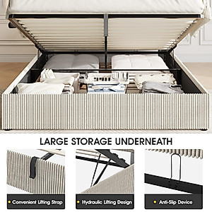 Fameill Queen Size Lift Up Storage Bed Frame with 51.2'' Tall Wingback Headboard, Corduroy Upholstered Platform Bed, LED Lights and Charging Station, No Box Spring Needed, Noise Free, Beige