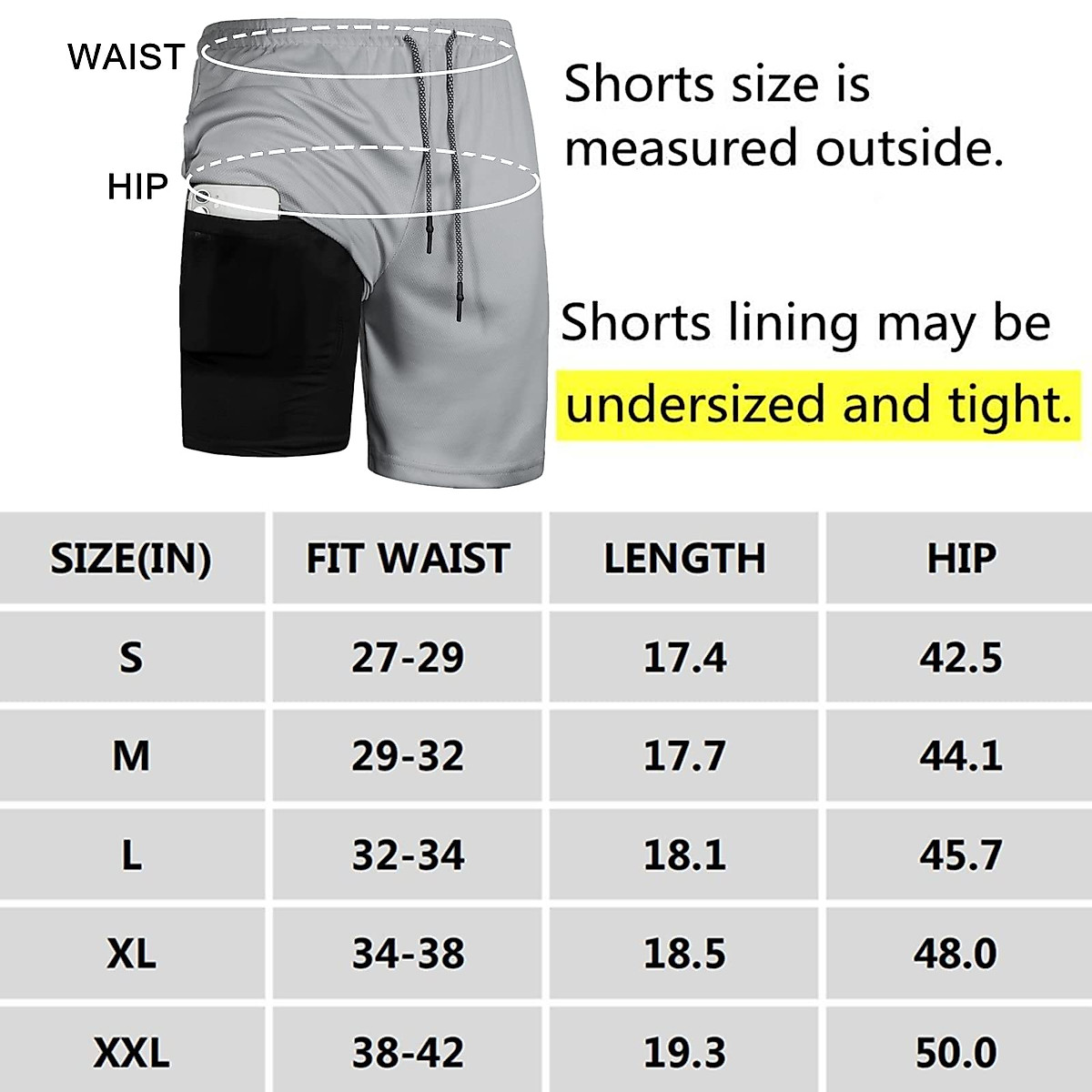 Mens Athletic Shorts, 2-in-1 Gym Workout Shorts for Men Mesh Quick Dry Yoga Training Running Shorts with Pockets,Grey,L