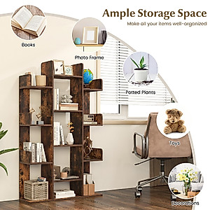 Tangkula Freestanding Tree Bookshelf, Corner Storage Organizer with 13 Open Shelves, Decorative Display Cube Shelf for Living Room, Study, Office, 34 x 9.5 x 55.5 Inch (1, Rustic Brown)