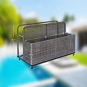 Flarhetoric Pool Float Storage PE Rattan Poolside Float Storage with Wheels & Side Shelves, Elevated Design for Dryness, for Patios, Gardens and Balconies, Grey