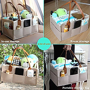 MARKKEER Baby Diaper Caddy Organizer, Nursery Storage Bin Car for Diapers and Baby Wipes, Changing Table Diaper Caddy, Portable Baby Essentials Basket Holder Tote Bag for Girl Boy (large,Beige)
