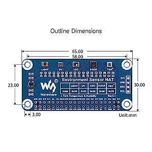 Waveshare Environment Sensor HAT, Compatible with Raspberry Pi 5/4B/3B/Zero/Zero W/Zero 2W/Pico/Pico W/Pico WH, I2C Bus with Rich Onboard Resources Including Ambient Light Sensor VOC Sensor
