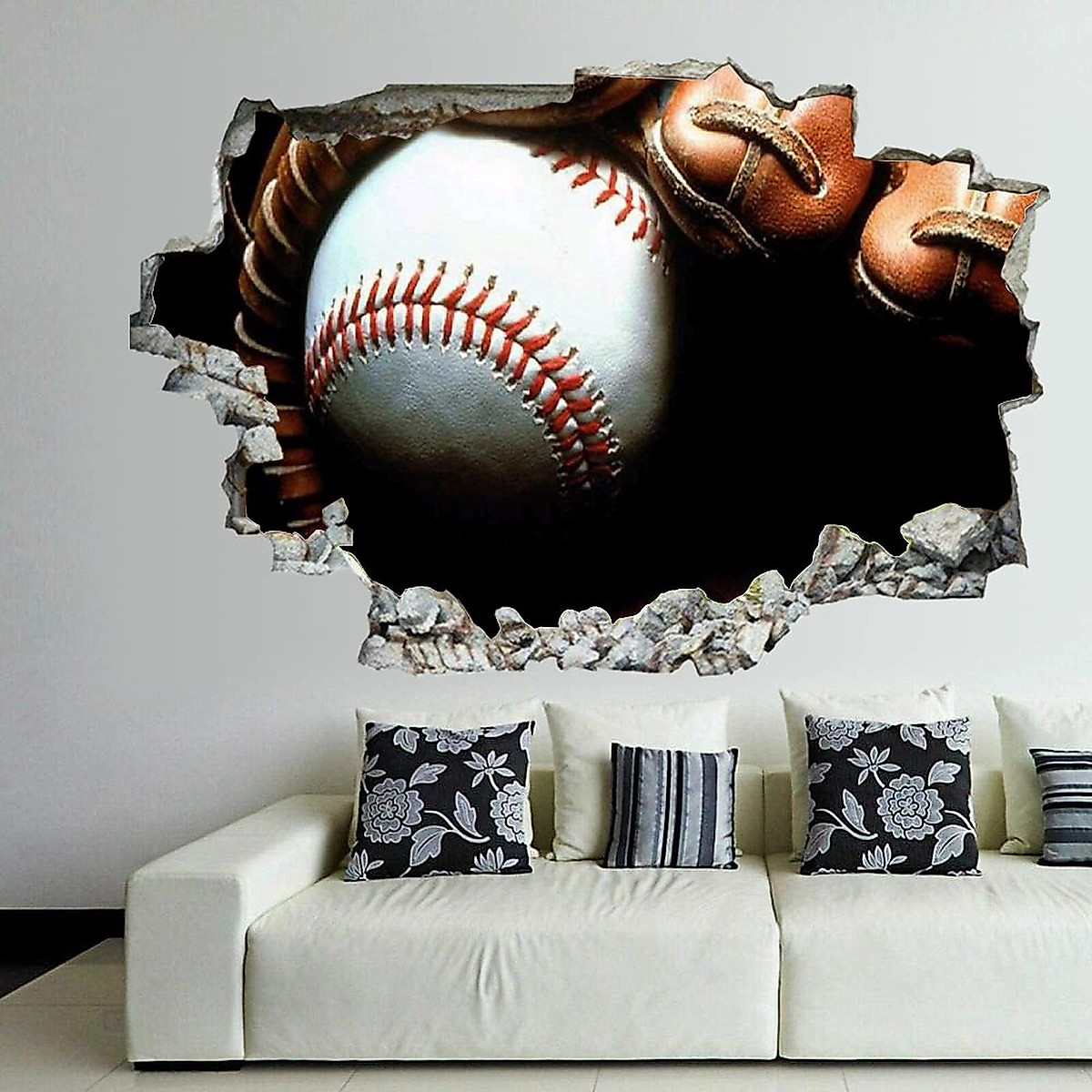 ArogGeld baseball 3D Wall Stickers Mural Smashed Wall Art Removable Poster Vinyl decals For Bedroom Living Room Playroom Nursery Office Shop,32 inch