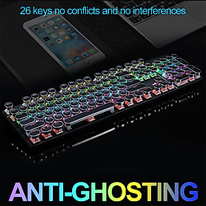 CPAROPAO Typewriter Mechanical Keyboard Blue Switch RGB Backlit Punk Round Keycap 104 Keys Retro Gaming Keyboard Wired (104keys Black(Round keycaps))