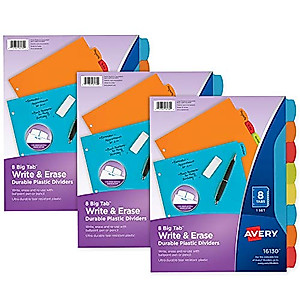 Avery Big Tab Write & Erase Durable Plastic Dividers, 8-Tab Set, Multicolor Brights, 3 Sets (21210)