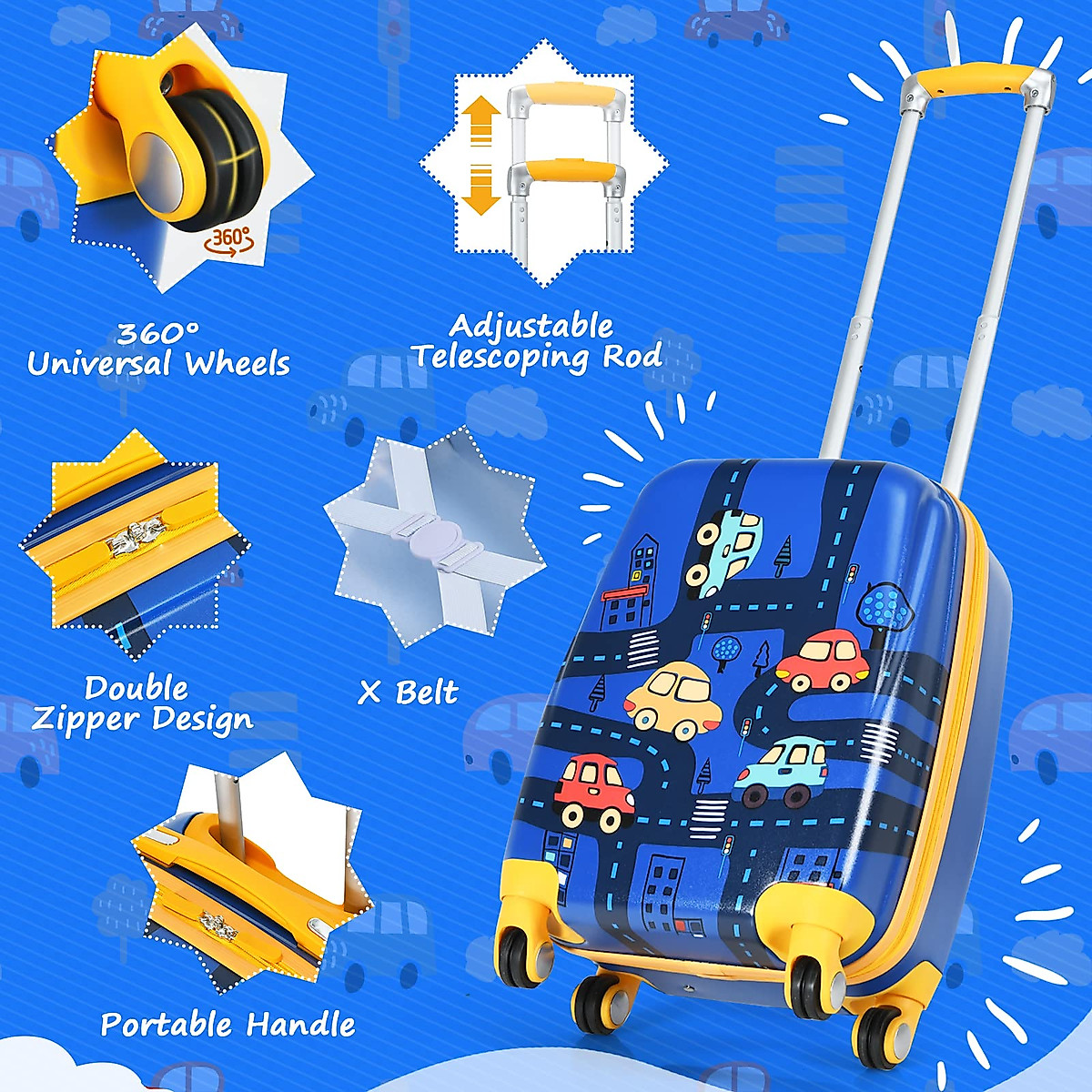 GYMAX 2Pc Kid Carry On Luggage Set, 12" & 18" Kids Suitcase with 4 Spinner Wheels, Travel Rolling Trolley (Cars)