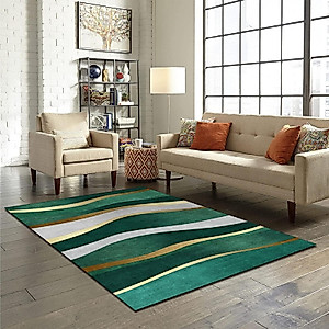 Nordic Luxury Emerald Green Gold Gray Line Living Room Rug, Modern Minimalism Stripes Bedroom Rug, Non Slip Foldable Machine Washable Non-Slip Throw Rugs for Dining Room Bedroom Floor 6.6ftx5.3ft