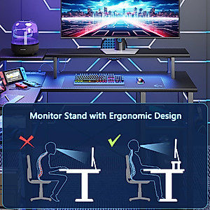 TREETALK Gaming Desk with Power Outlets & Music Strip Lights, L-Shaped Desk with 2-Layer Storage on Both Sides, Large Monitor Stand for Office Home