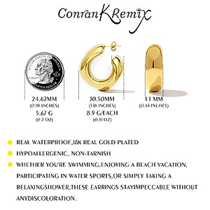 Thick Gold Chunky Hoops Earrings for Women Water Proof,18K Real Gold Plated Open Hoop Lightweight Hollow Non-Tarnish Earrings For Women