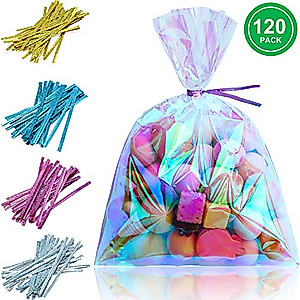 120 Pieces Iridescent Cellophane Bag Cellophane Treat Bags Iridescent Party Favor Bag Holographic Cellophane Bag with 200 Pieces Twist Ties for Party Wedding Birthday