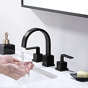 KINGO HOME Matte Black Bathroom Faucet, Black Faucet Bathroom 3 Hole 8inch Widespread Waterfall 2 Handle Black Faucets Bathroom Sink Vanity Faucet with Pop Up Drain and Supply Lines