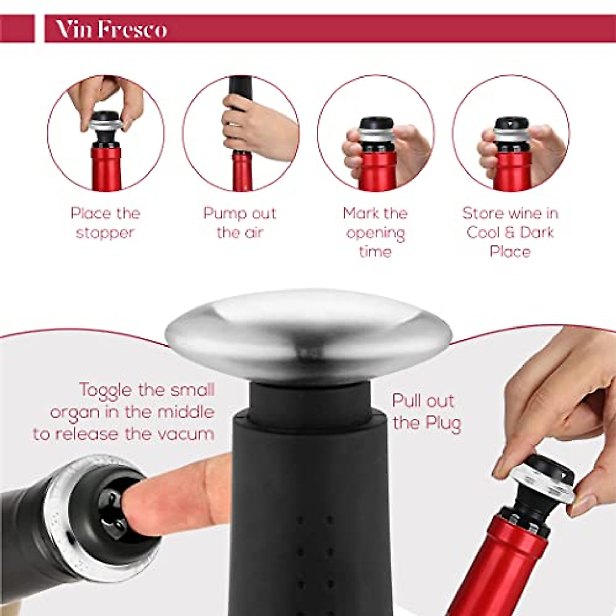 Vin Fresco Wine Saver Vacuum Pump Preserver and Airtight Sealer (4 count) | Bottle Sealer to Keep Wine Fresh (4 wine bottle stoppers included)
