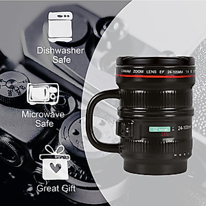 Cabtnca Camera Lens Coffee Mug, Camera Lens Mug, Photographer Gifts, Cool Gifts for Photographers, Ceramic Camera Mug, Photography Gifts Christmas, Camera Lens Cup with Lid and Handle, 16Oz